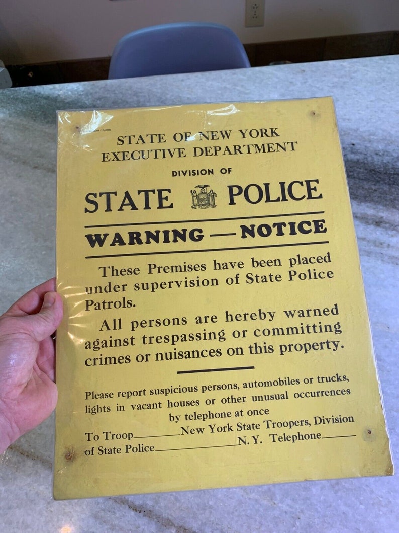 Antique Vintage New York State Police Warning Notice Sign Plaque Nypd N ...