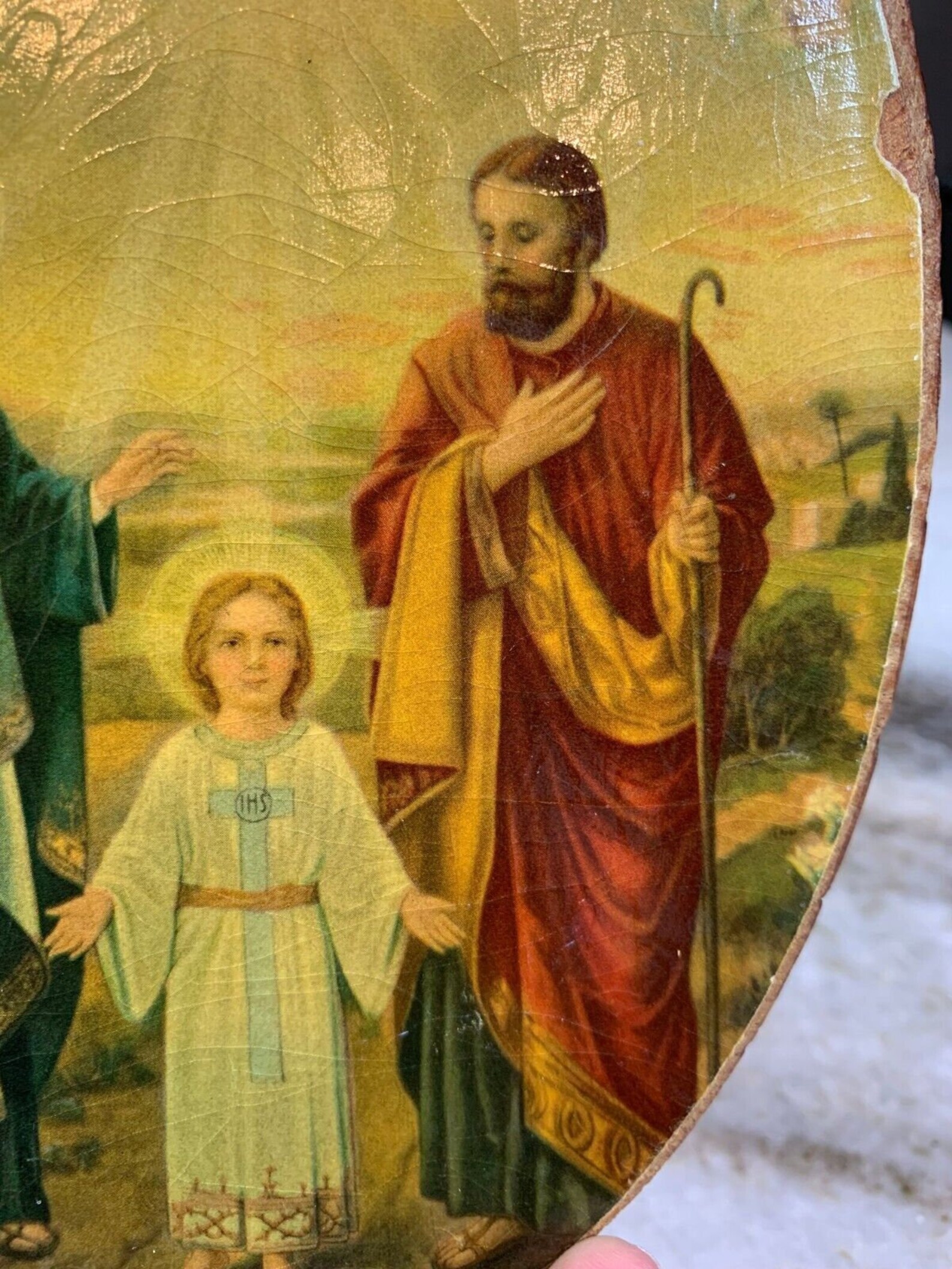 Vintage Pine Disc/plaque Lithographic Picture of Jesus Lovely Crazing ...