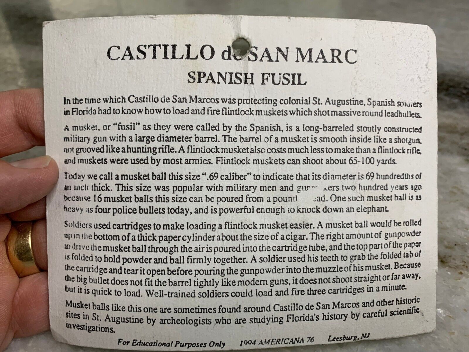 Vintage '94 Castillo De San Marcos Replica Spanish Fusil Musket Ball ...