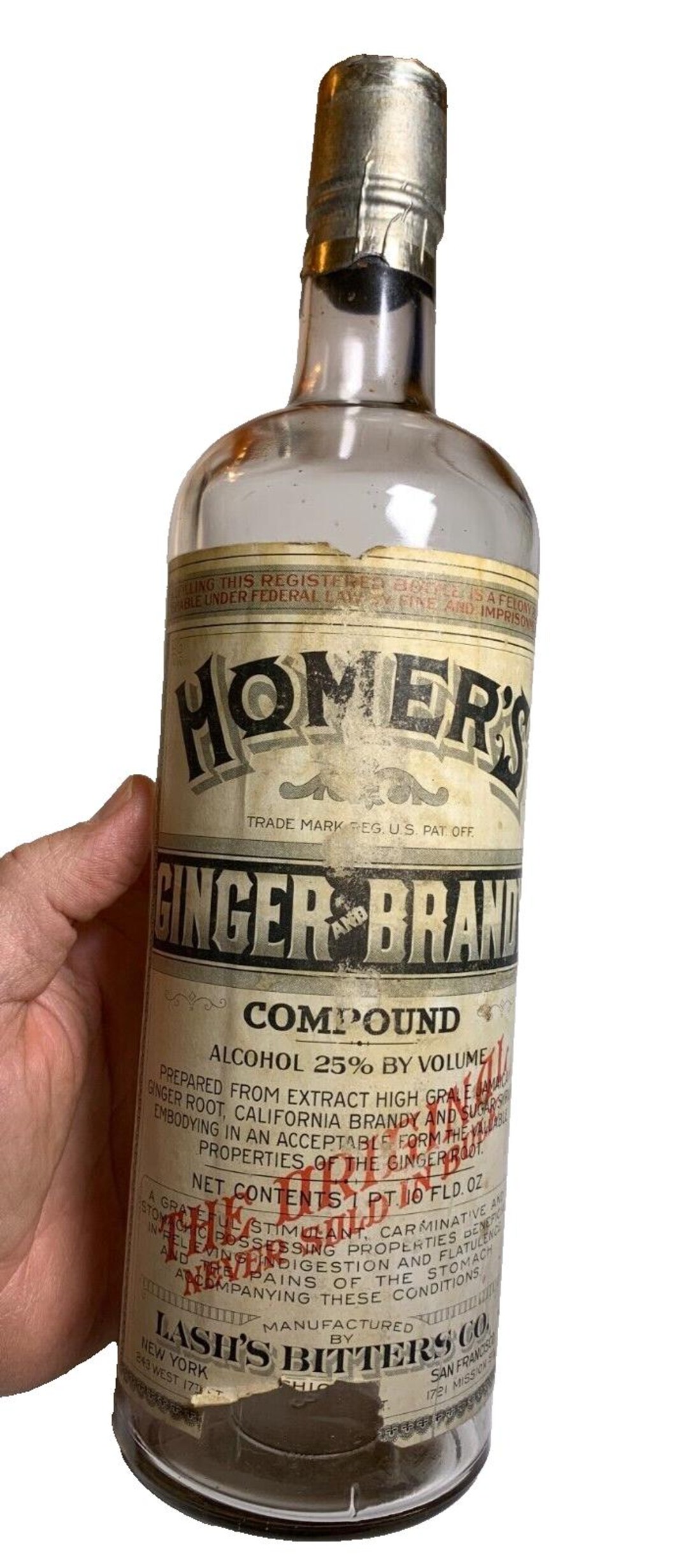 Antique 1890s Homer's Ginger Brandy Bottle Label Labeled Ny Chicago San ...