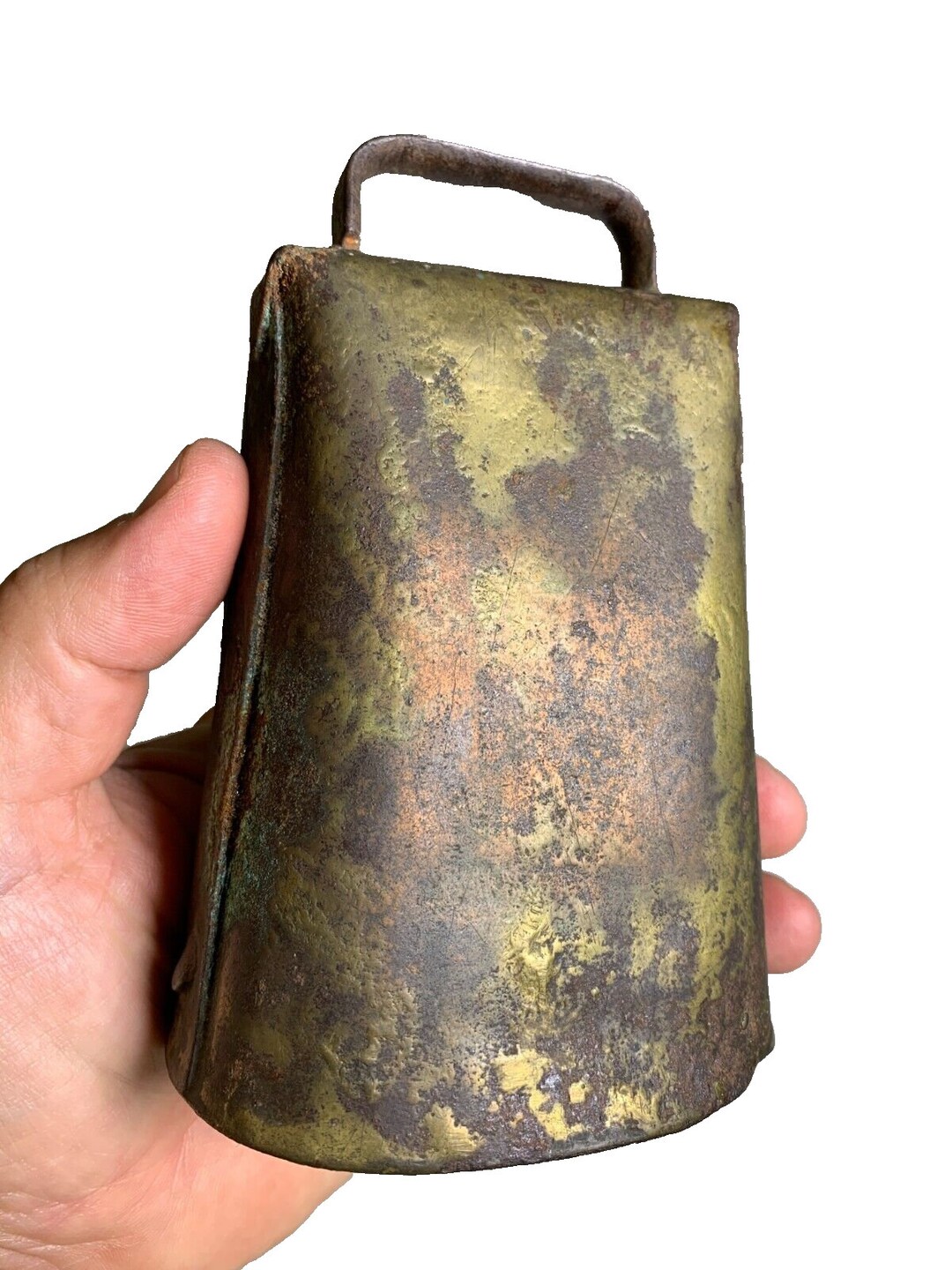 Large Antique Vintage Metal Steel Gold Cowbell Cow Bell Riveted Rivets ...