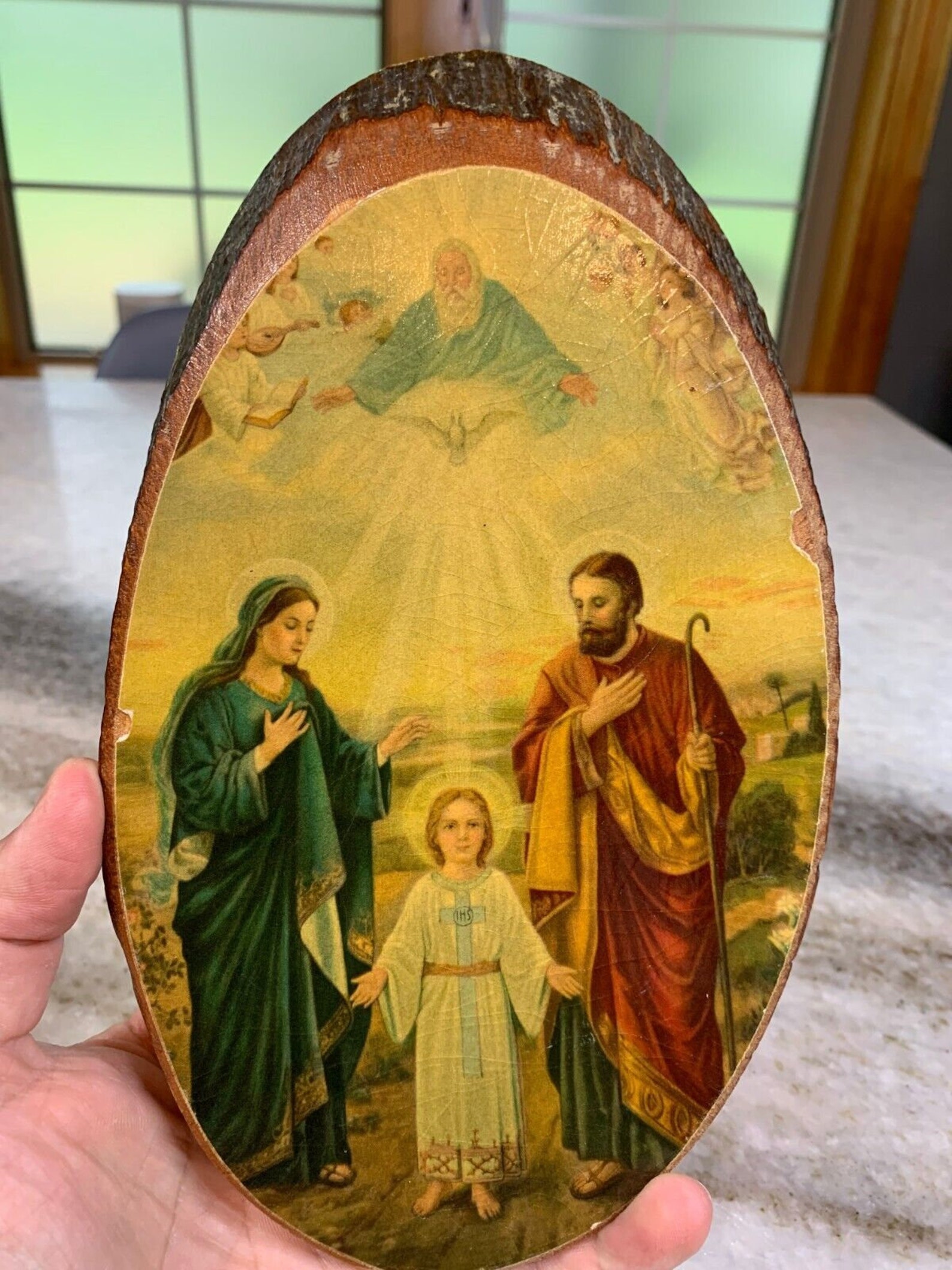Vintage Pine Disc/plaque Lithographic Picture of Jesus Lovely Crazing ...
