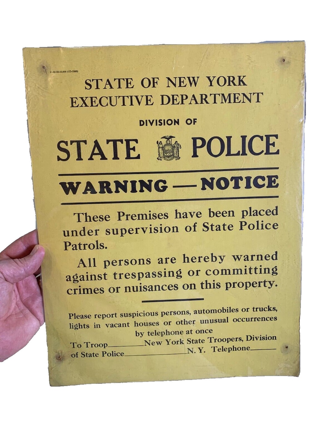 Antique Vintage New York State Police Warning Notice Sign Plaque Nypd N ...