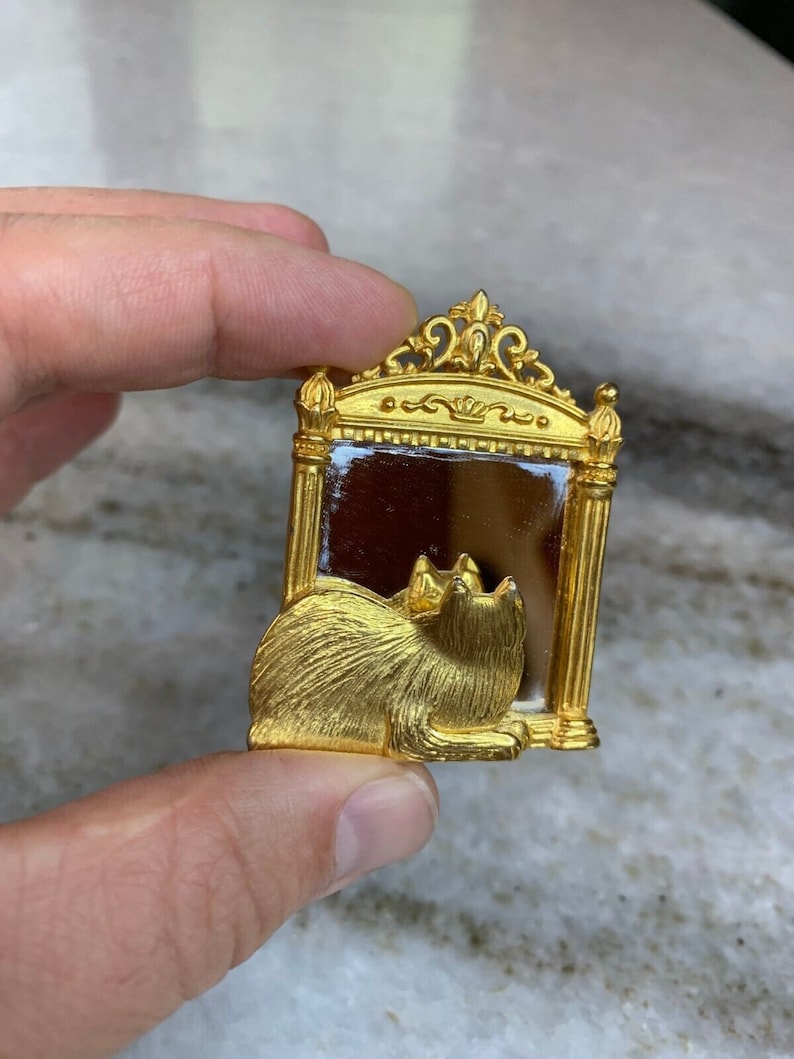 Vintage Cat Looking at Itself in Mirror Pin/brooch/obidome Gold/gilded ...