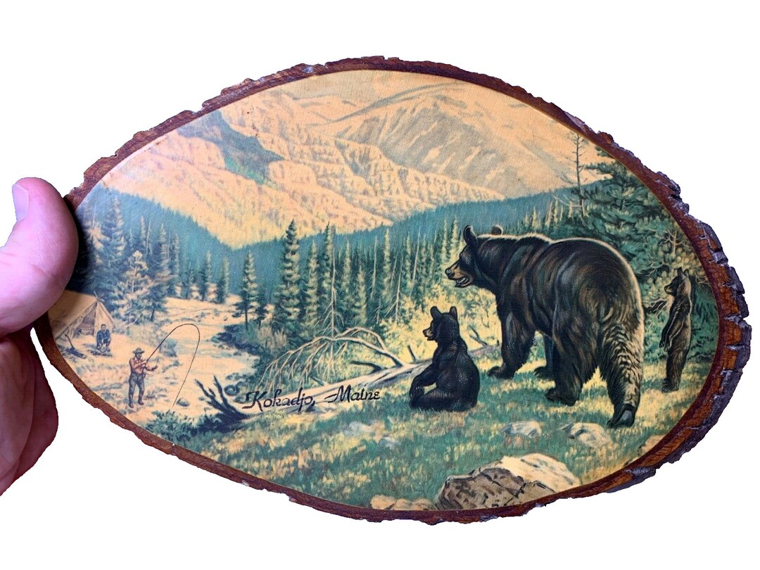 Vintage 1980s Pine Disc/plaque Picture Maine Black Bear Cubs Tent Fly ...