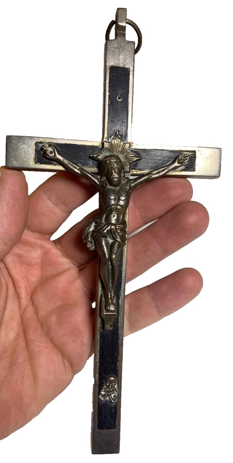 Antique Cross Crucifix Ornate Metal Wood Inlayed Scared Heart Skull ...