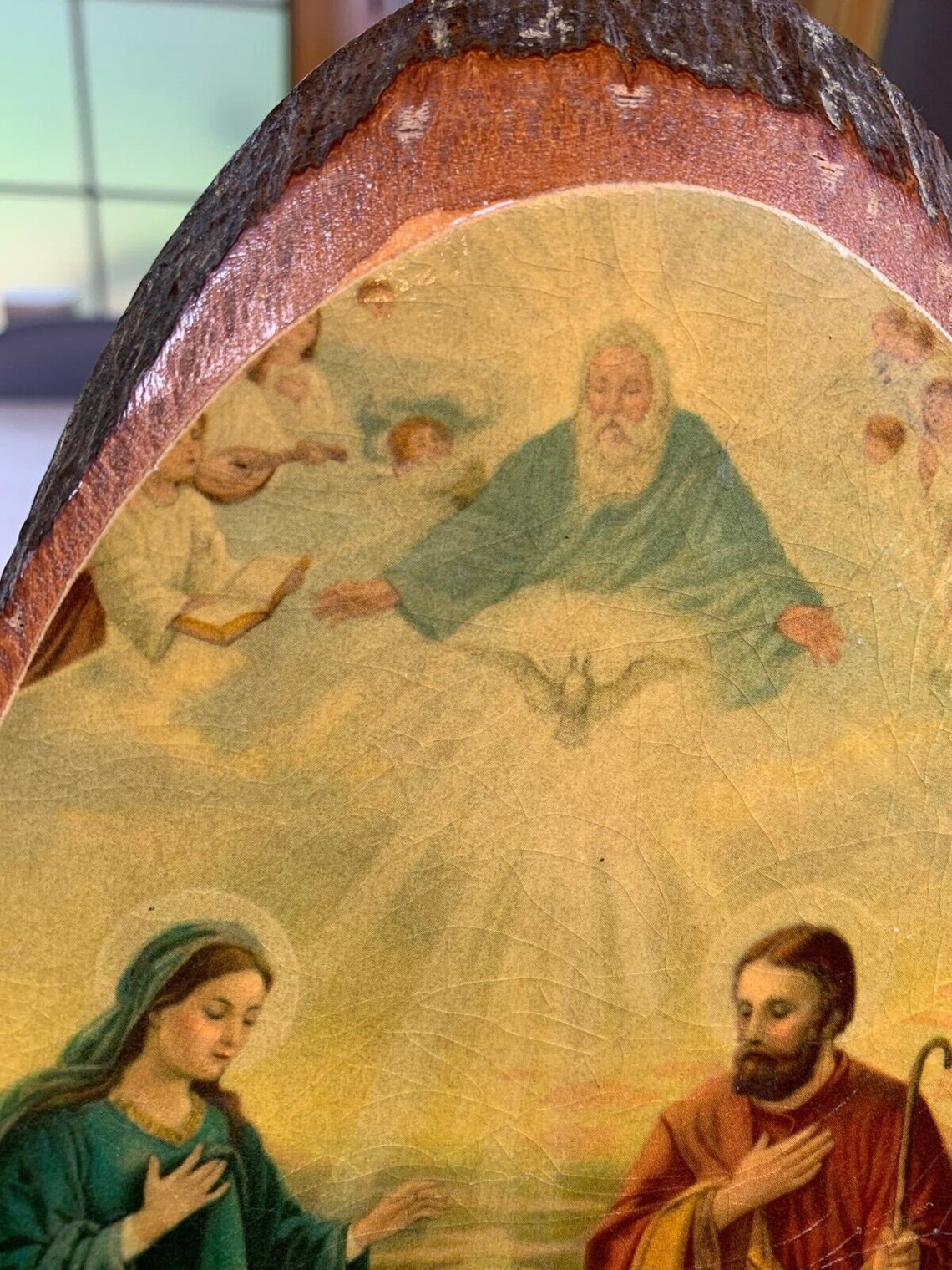 Vintage Pine Disc/plaque Lithographic Picture of Jesus Lovely Crazing ...
