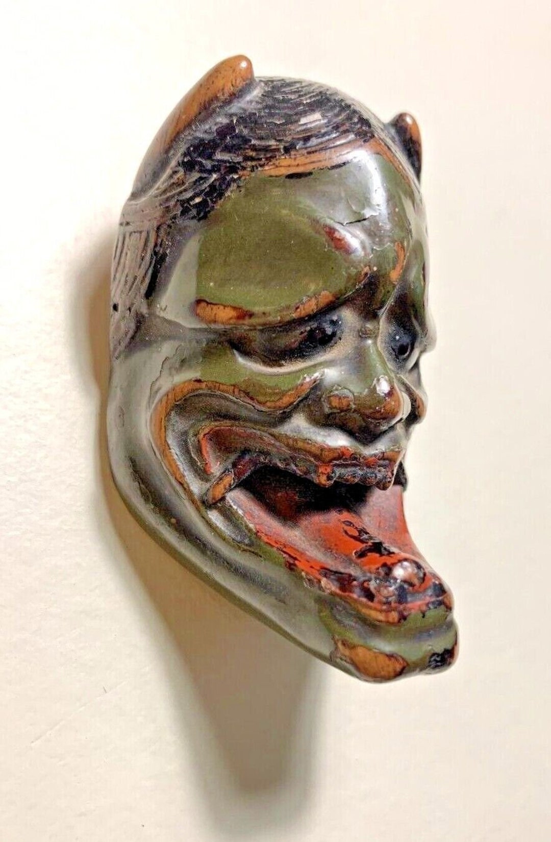 Antique Sagemono/netsuke Japanese/japan Wood/wooden Carved Buryu Oni ...
