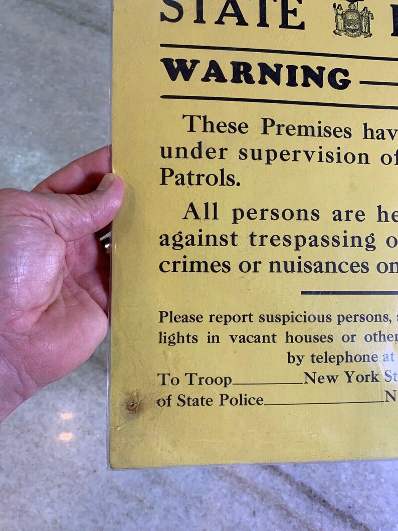 Antique Vintage New York State Police Warning Notice Sign Plaque Nypd N ...