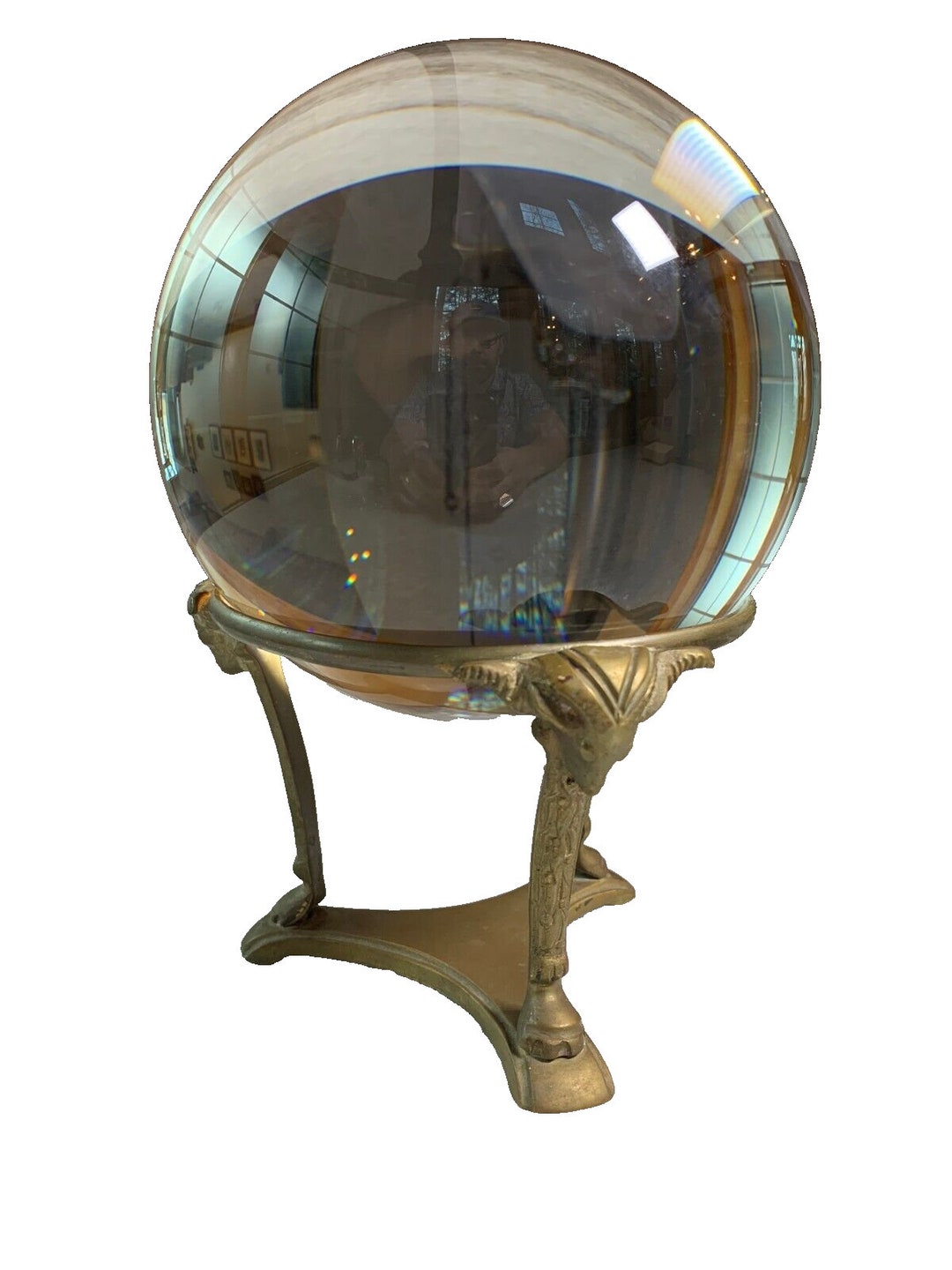 Antique Crystal Ball Brass Ornate Metal Stand Rams Scrying Fortune ...