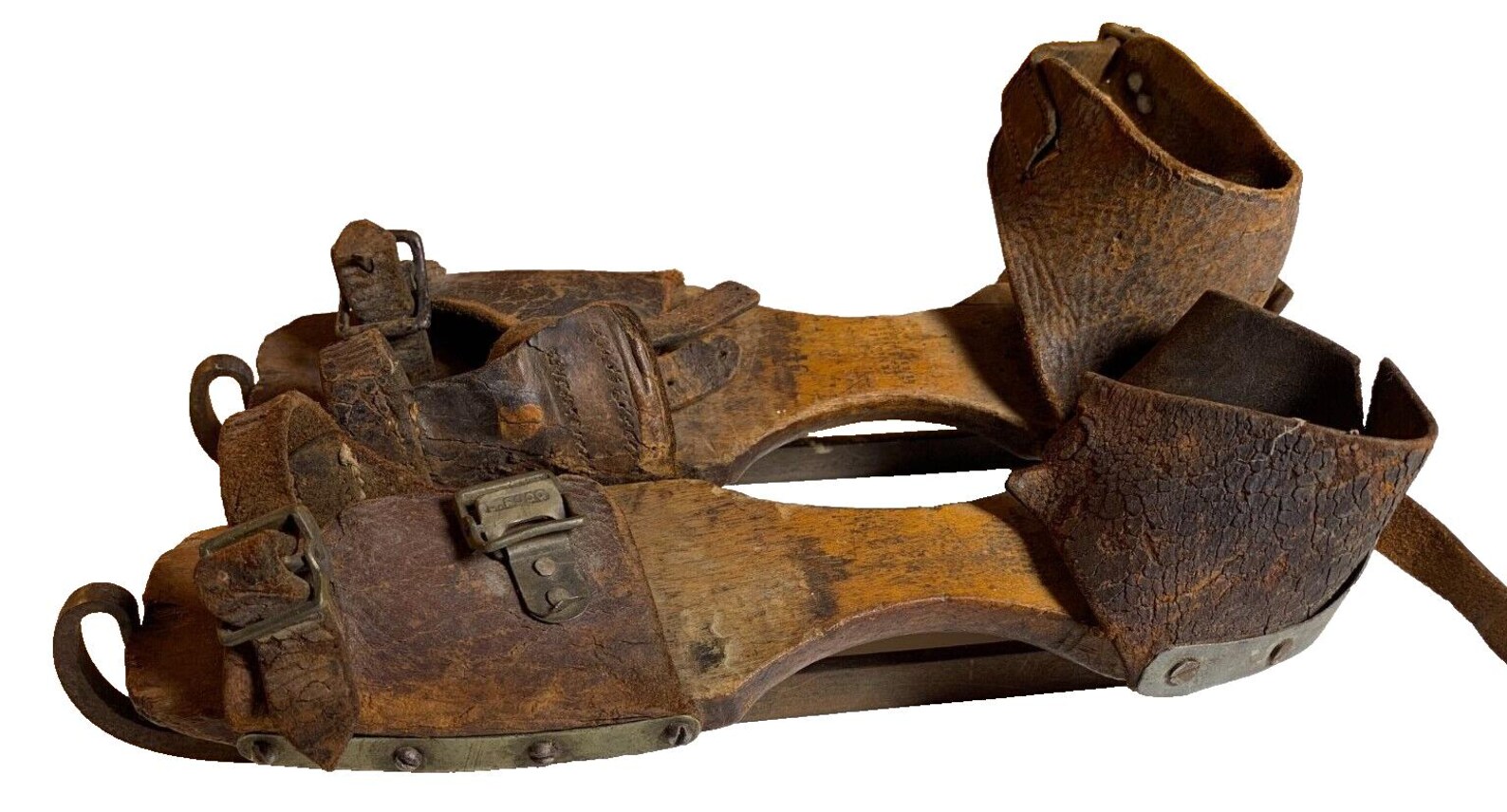 Antique Wood Wooden Leather Early Primative Primitive Ice Skates 1850s ...