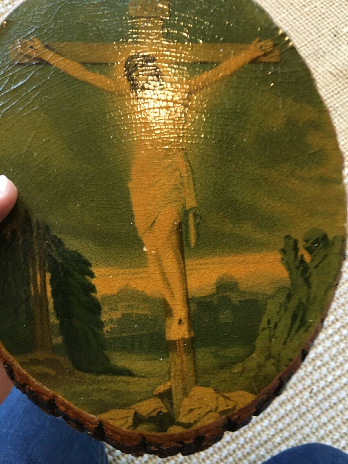 Vintage 1980s Pine Disc/plaque Picture of Jesus on Cross Lovely Crazing ...