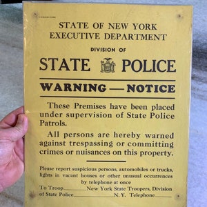 Antique Vintage New York State Police Warning Notice Sign Plaque Nypd N ...