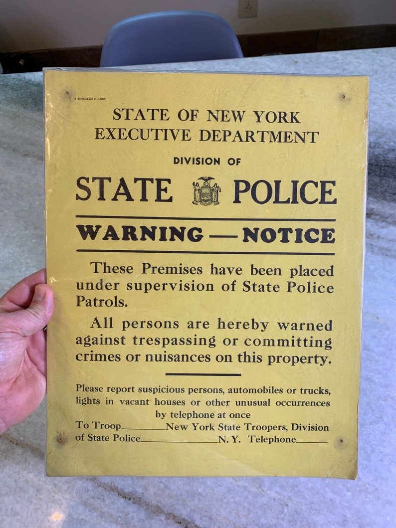 Antique Vintage New York State Police Warning Notice Sign Plaque Nypd N ...