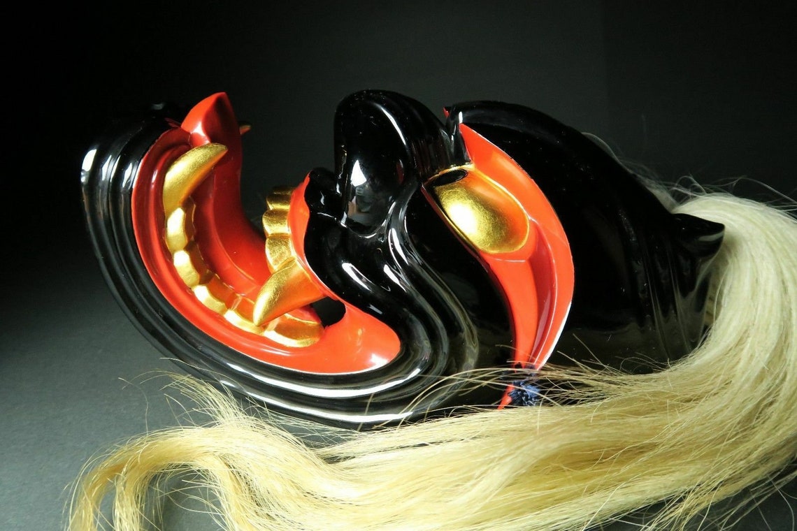 Master Craftsmanship! Japanese Wooden BURYU ONI Mask Japan Kagura Dance ...