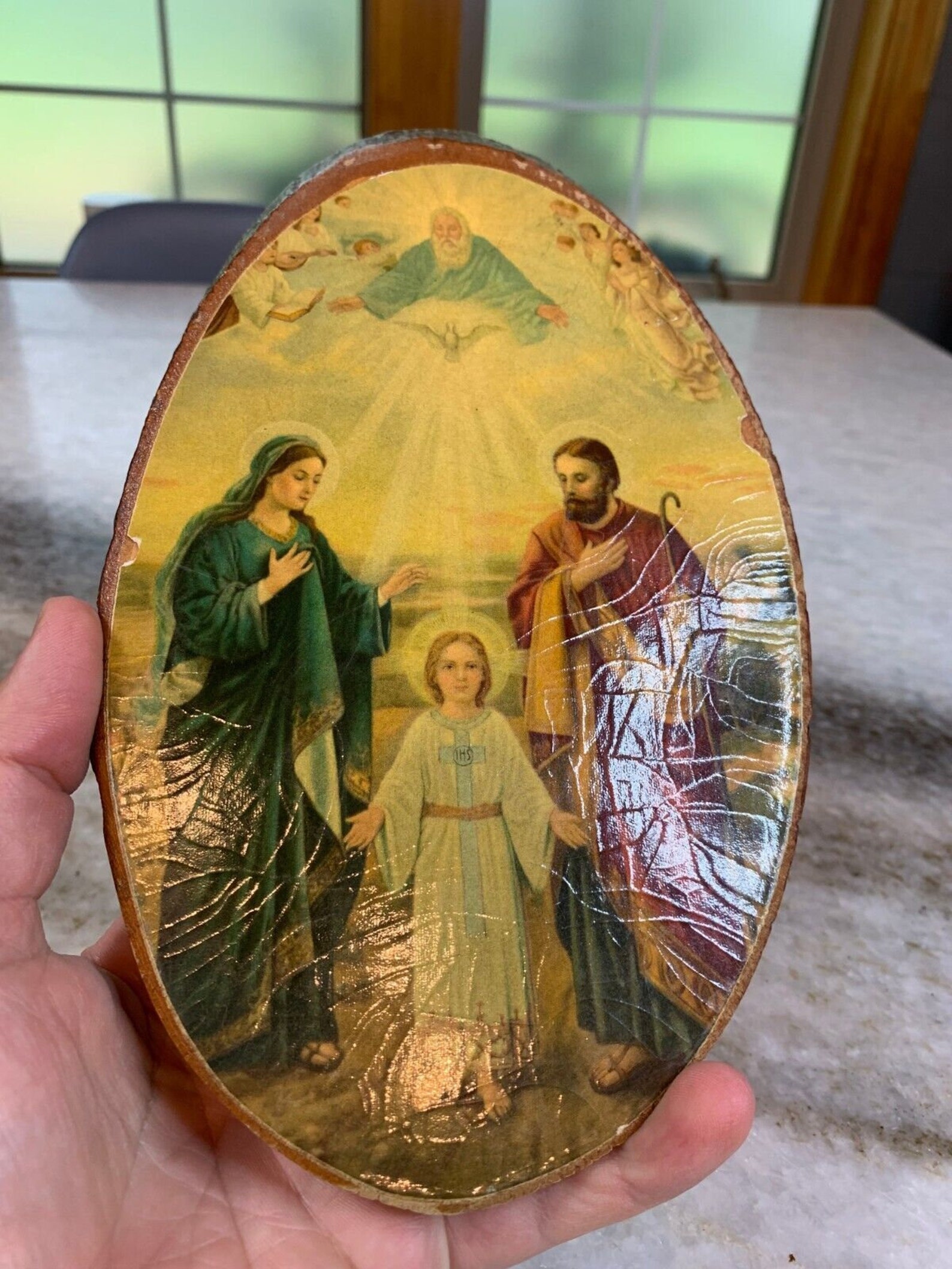 Vintage Pine Disc/plaque Lithographic Picture of Jesus Lovely Crazing ...