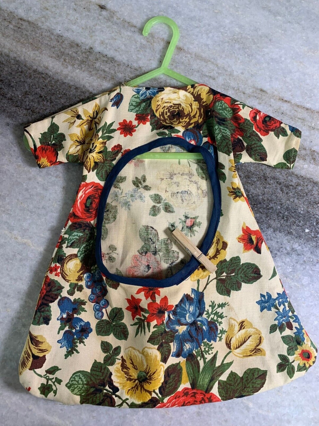 Antique Vintage Clothes Line / Pin Clothespin Holder Storage Bag Floral ...