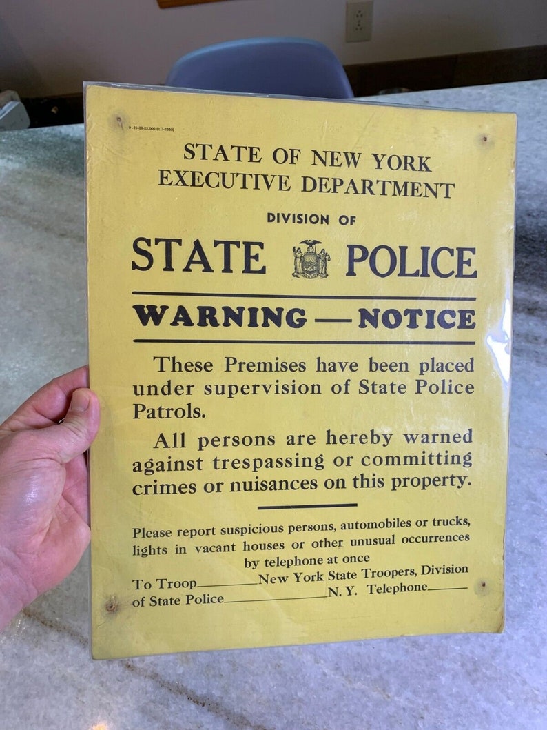 Antique Vintage New York State Police Warning Notice Sign Plaque Nypd N ...