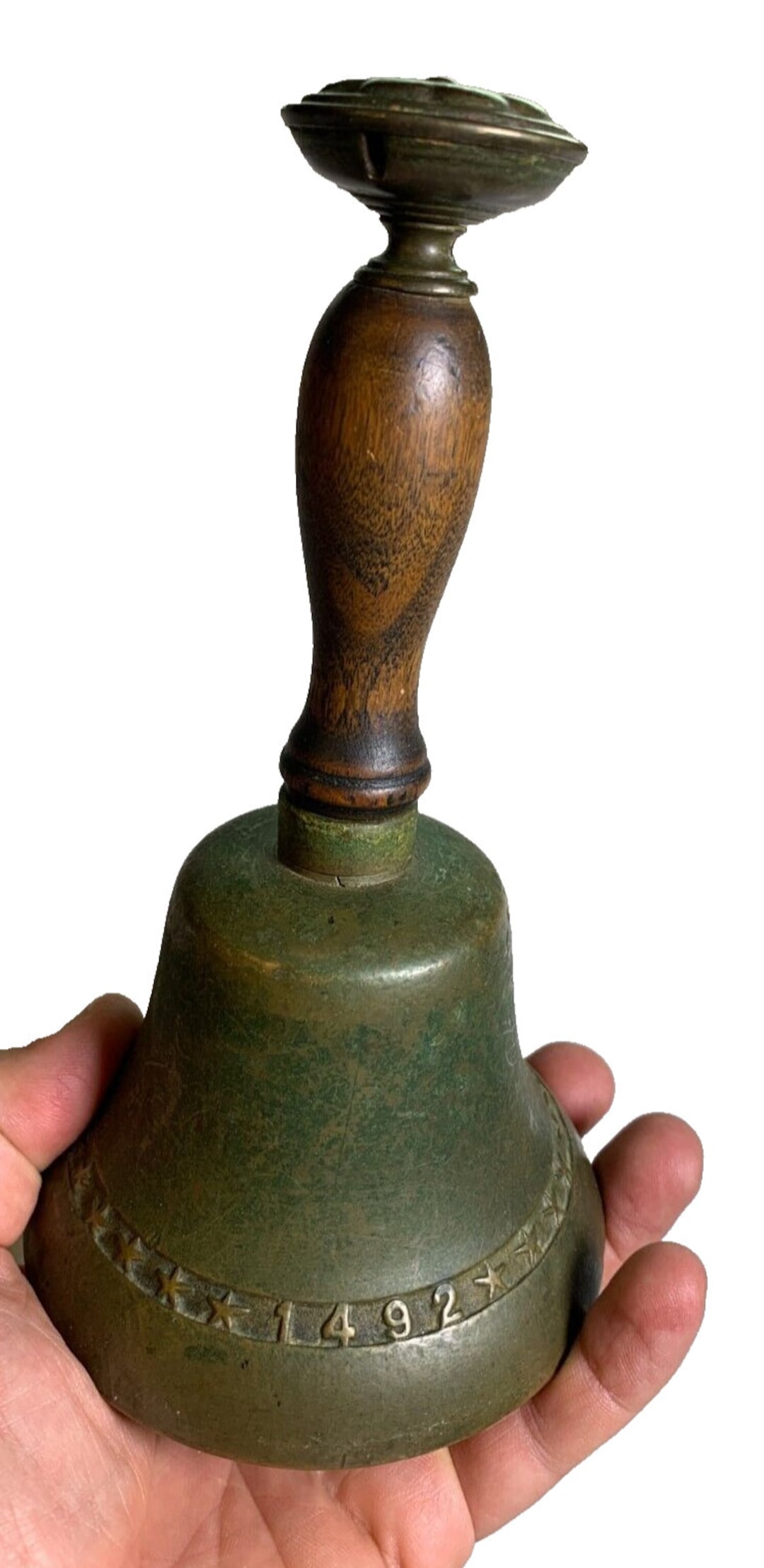Antique Early School House Dinner Hand Bell Brass Puritan 1492 Wood ...