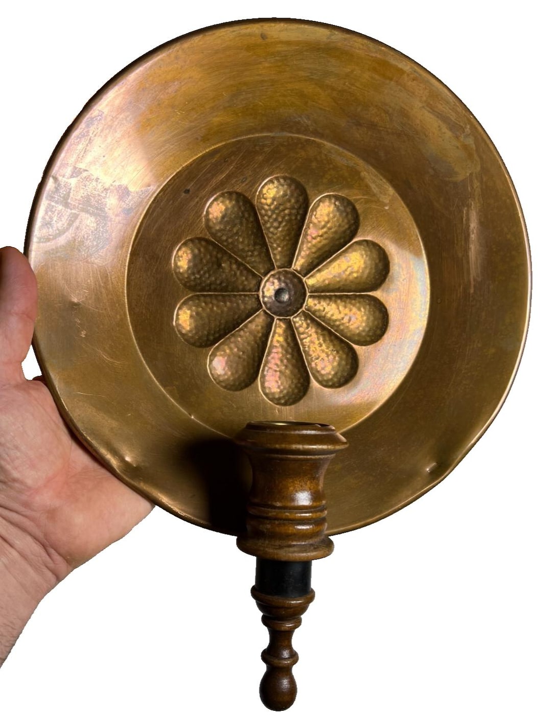 Vintage Brass Wood Wall Reflector Sconce Candle Holder Flower Embossed ...