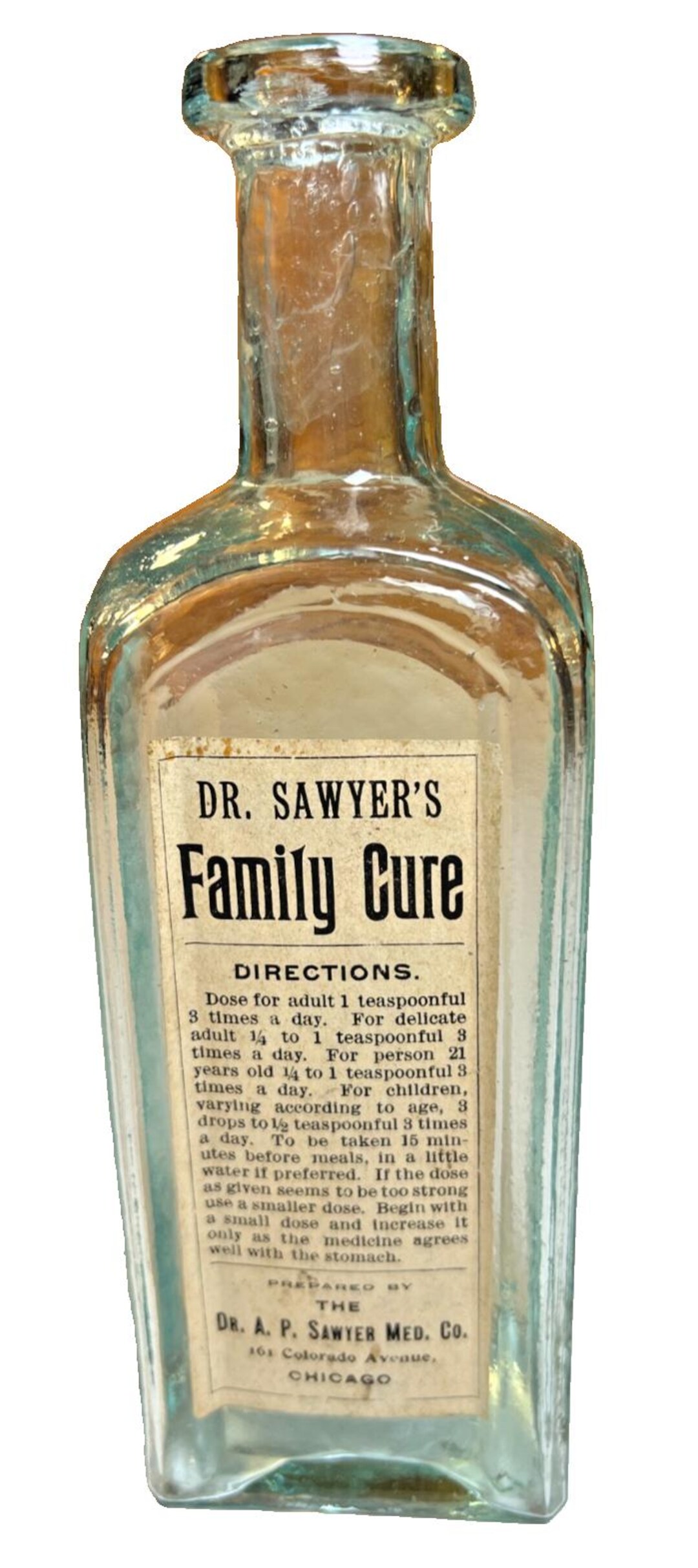 Antique Dr Sawyer’s Family Cure Med Bottle Labeled Chicago Illinois ...
