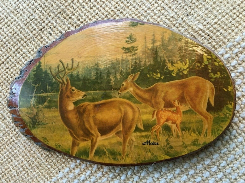 Vintage 1980s Pine Disc/plaque Picture MAINE Whitetail Deer/fawn ...