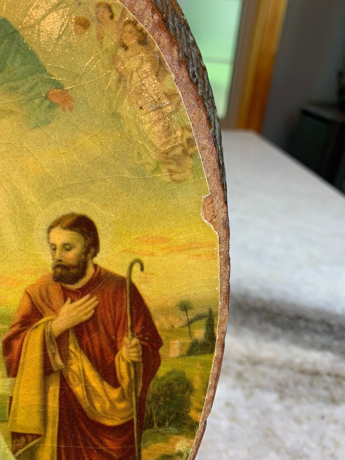 Vintage Pine Disc/plaque Lithographic Picture of Jesus Lovely Crazing ...