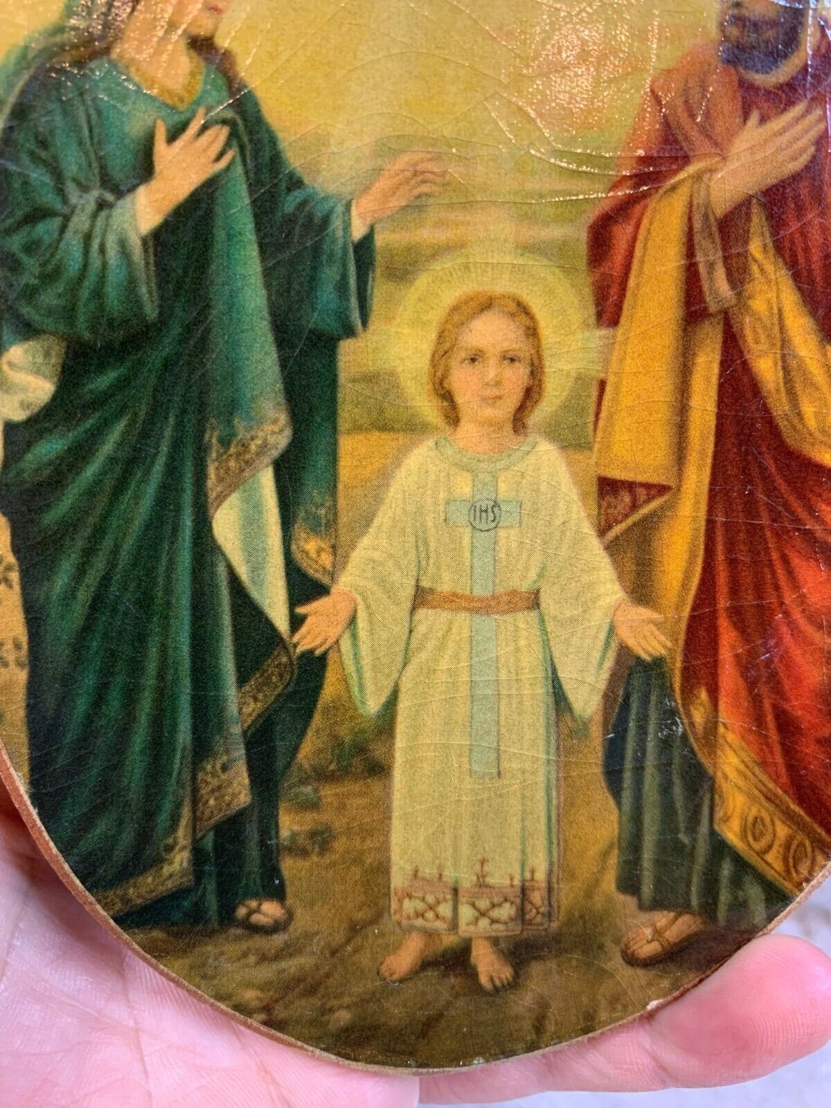Vintage Pine Disc/plaque Lithographic Picture of Jesus Lovely Crazing ...
