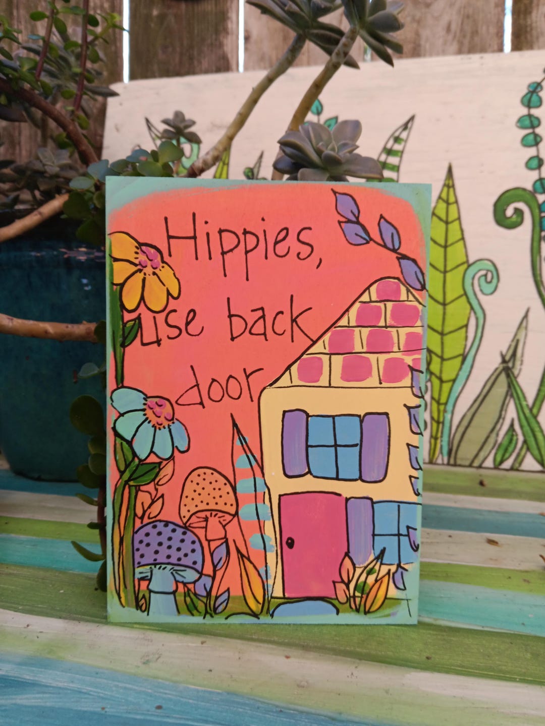 Hand-painted Hippies Use Back Door Sign: Flower Power Wall Art (7x5 ...
