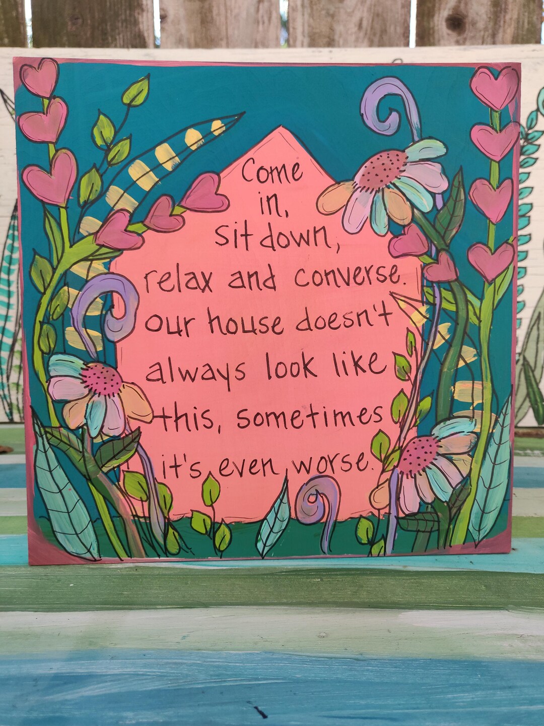 Funny Messy Home Quote Art: Hand-painted Welcome Wood Panel Sign (10x10 ...