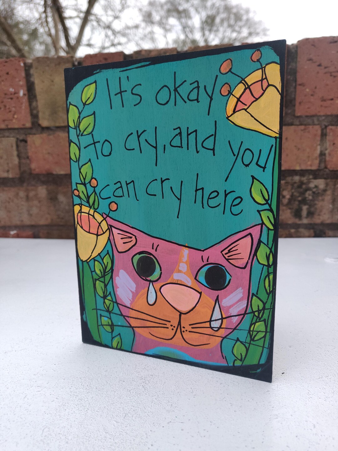 Hand-painted "it's Okay to Cry" Cat Art: Safe Space Haven Decor (7x5 ...