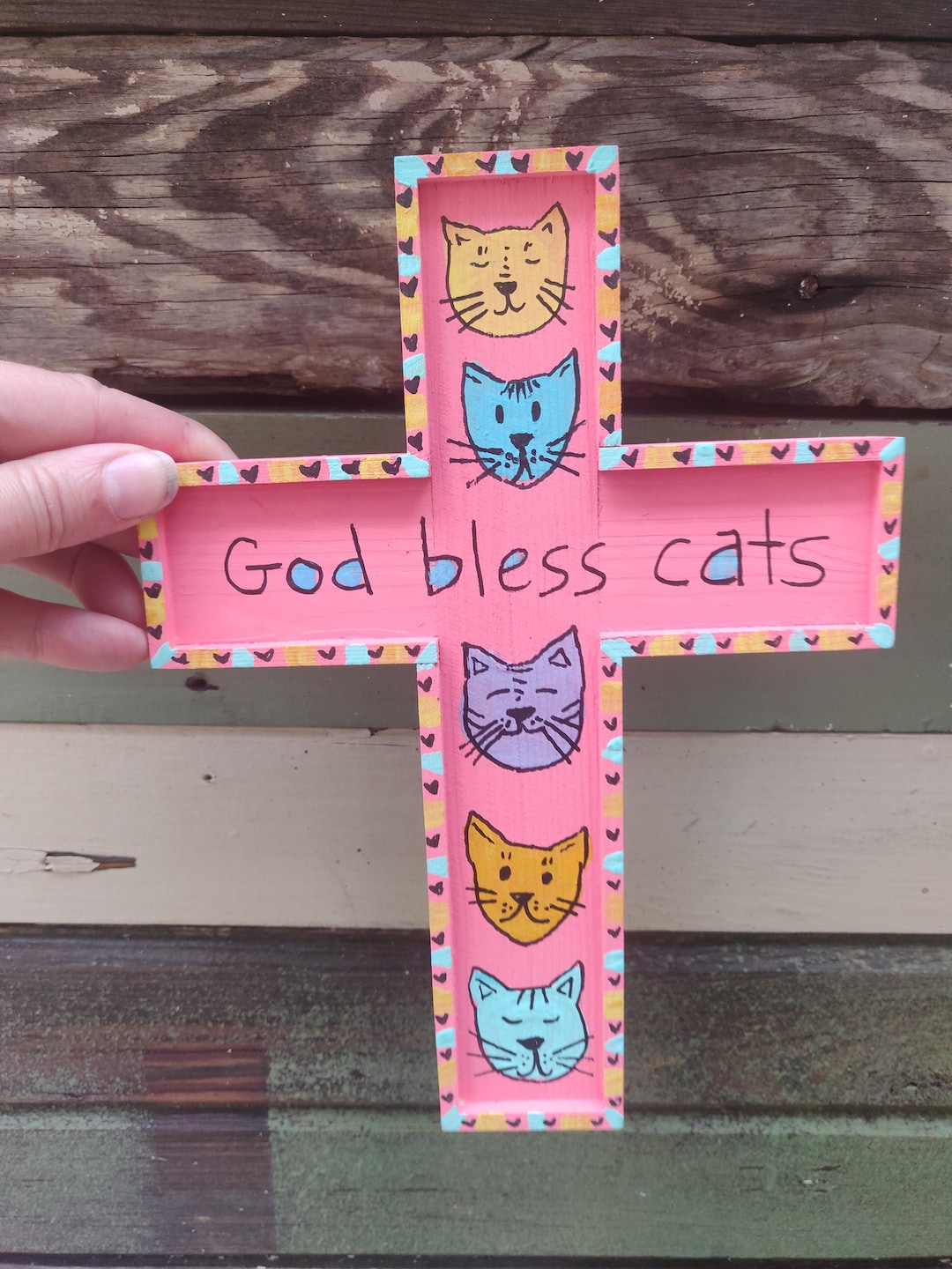 God Bless Cats Hand-painted 9 X 6" Wooden Wall Cross, Painted Cat Faces ...