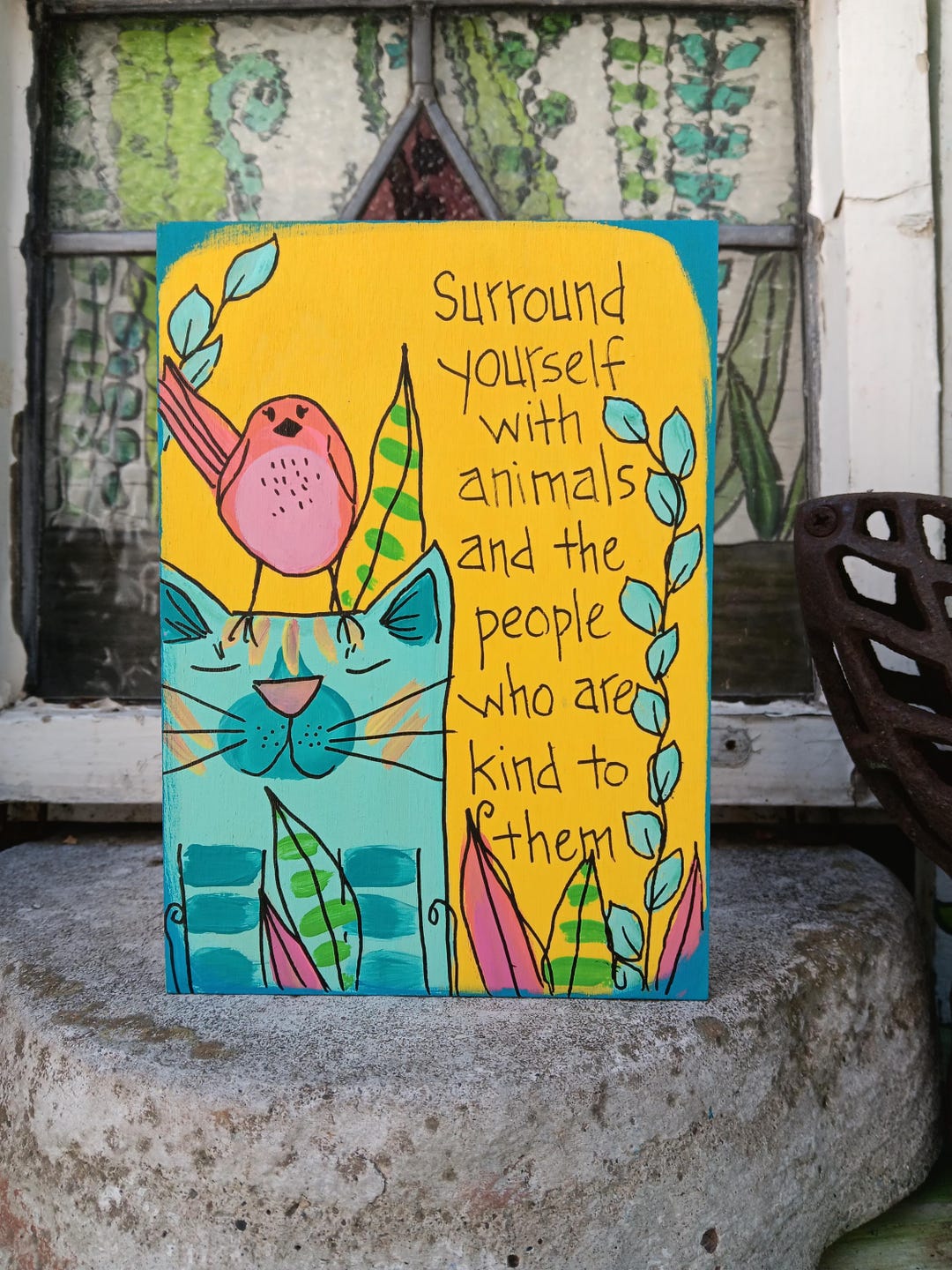 Be Kind Quote and Animal Lover Art: Hand-painted Cat Bird Acrylic Wood ...