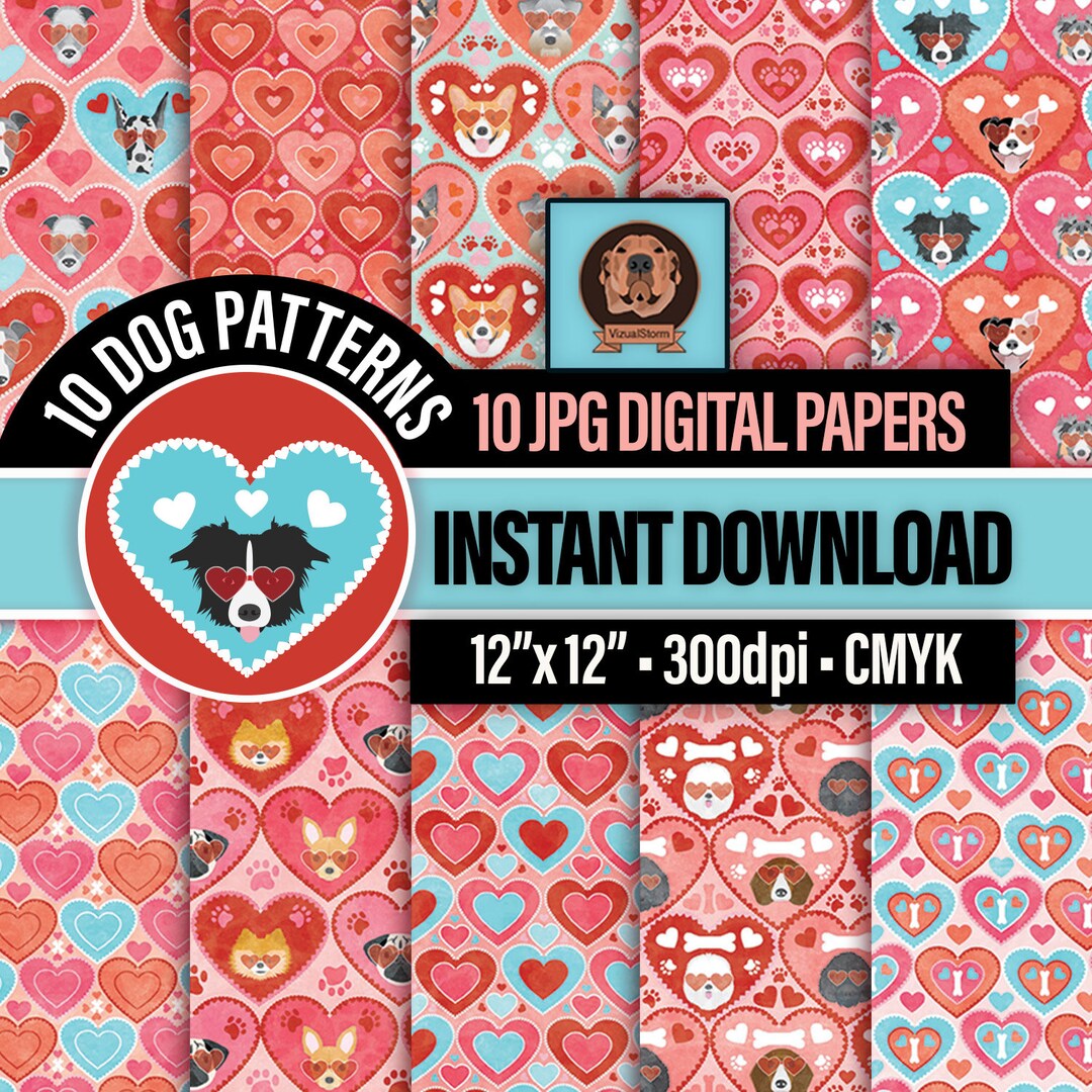 Dog Love Digital Papers - Valentine's Day Pet Breeds Wearing Heart ...
