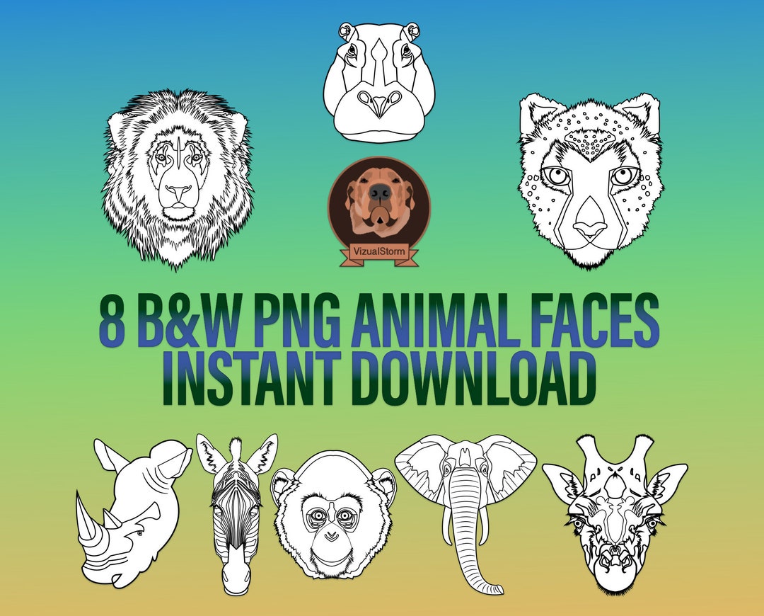 Black and White African Animal Faces Clipart - Png Wildlife Head ...