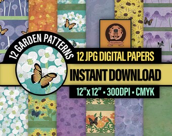 Butterfly Garden Digital Paper, Scenic Flower Craft Patterns With ...