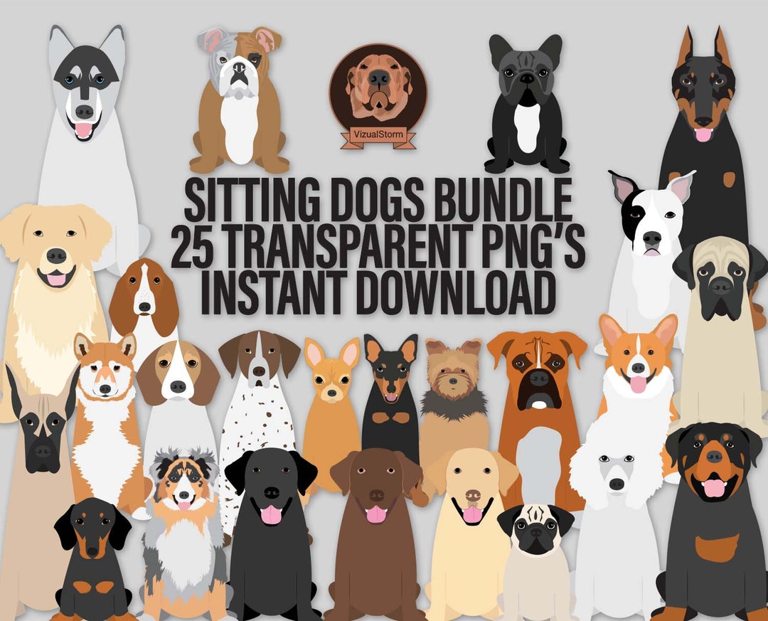 Sitting Dog Breeds Clipart Bundle - Front Facing Png Dogs - Hand Drawn ...