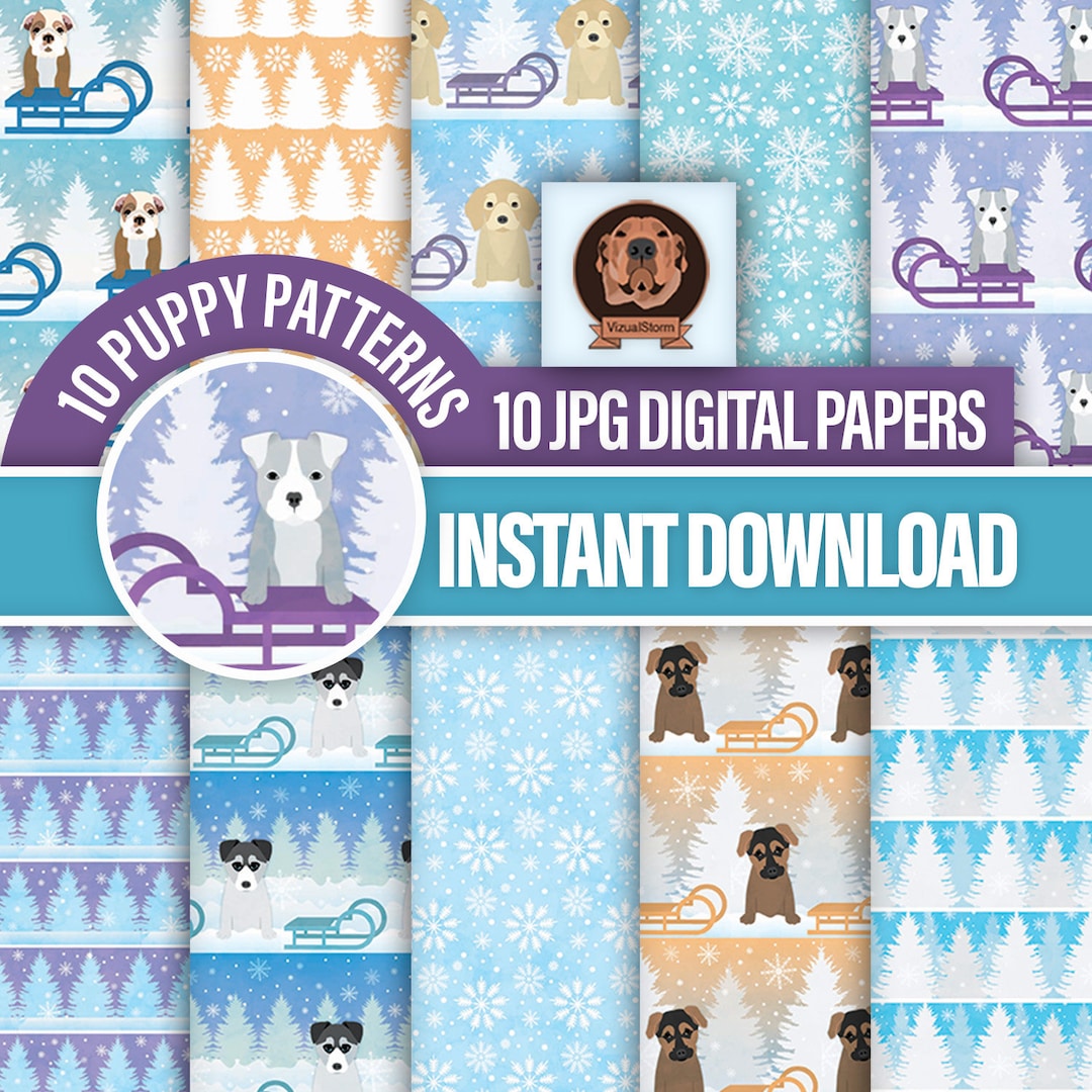 Cute Winter Puppies Digital Paper - White Christmas Pets on Sleds With ...