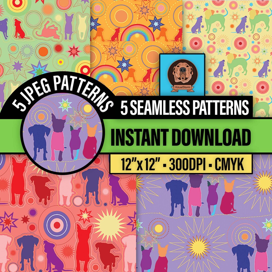 Seamless Rainbow Puppy Digital Paper - Cute Pet Patterns, Colorful ...