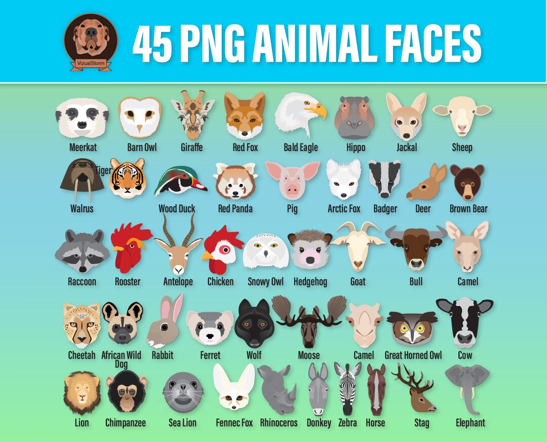 Animal Face Clipart Bundle - Png Wildlife Heads, Farm Clip Art, Big ...