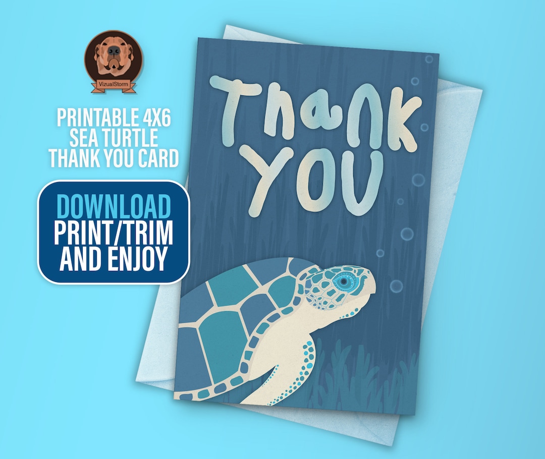 Printable DIY Sea Turtle Thank You Card - Digital 4x6 Marine Animal ...
