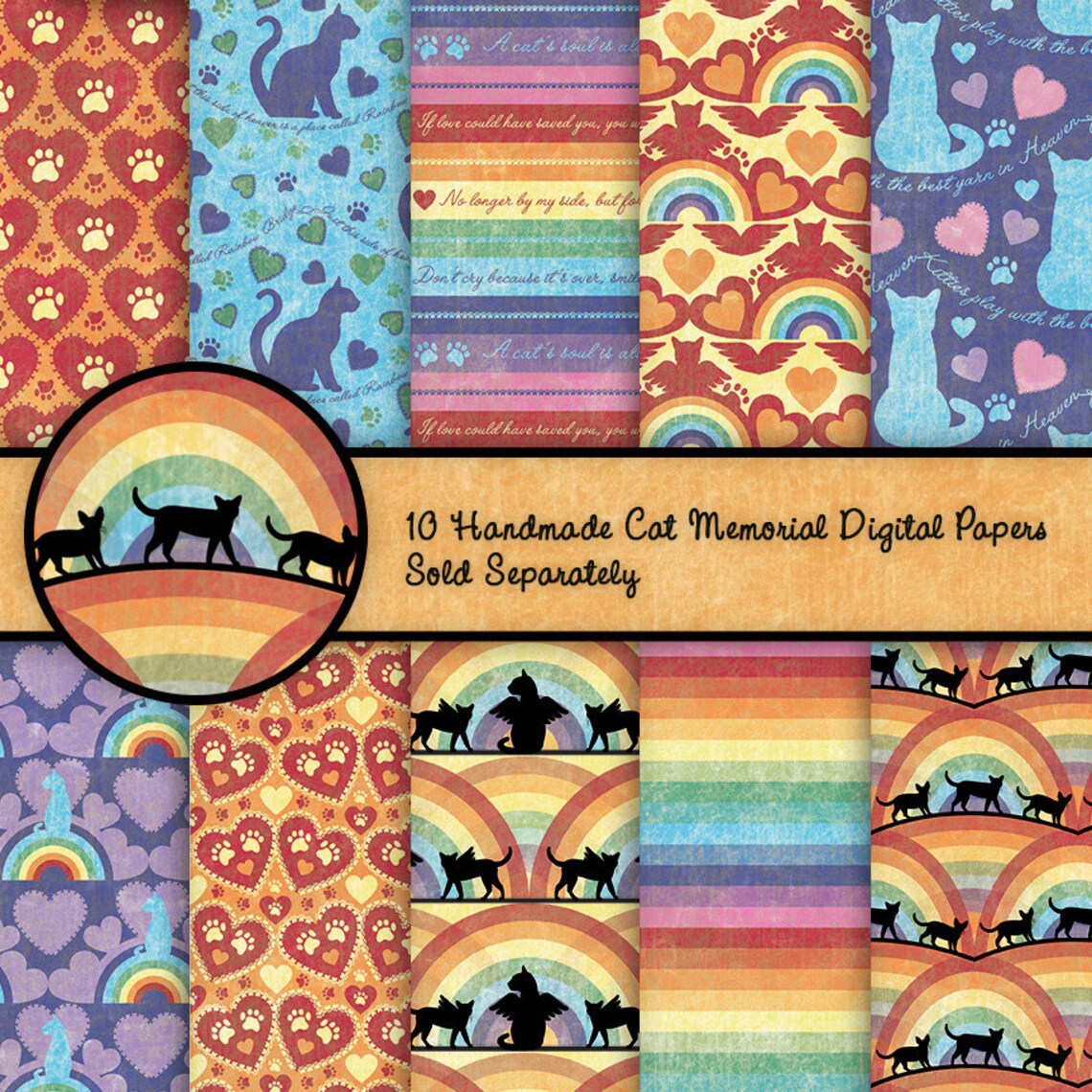 Whimsical Cat Digital Paper Kitten Patterns Pet Memorial | Etsy