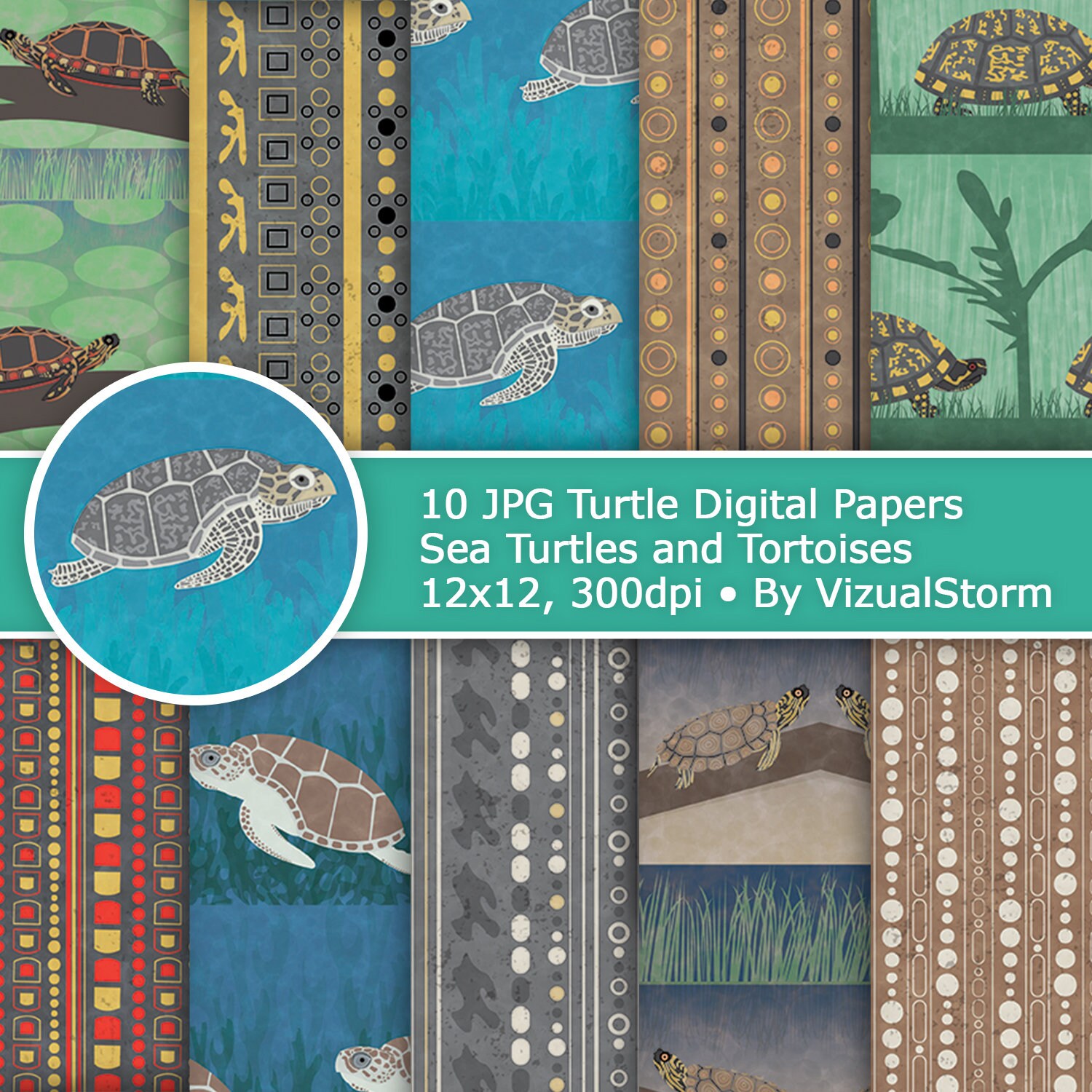 Land and Sea Turtle Digital Papers Marine Life Patterns - Etsy