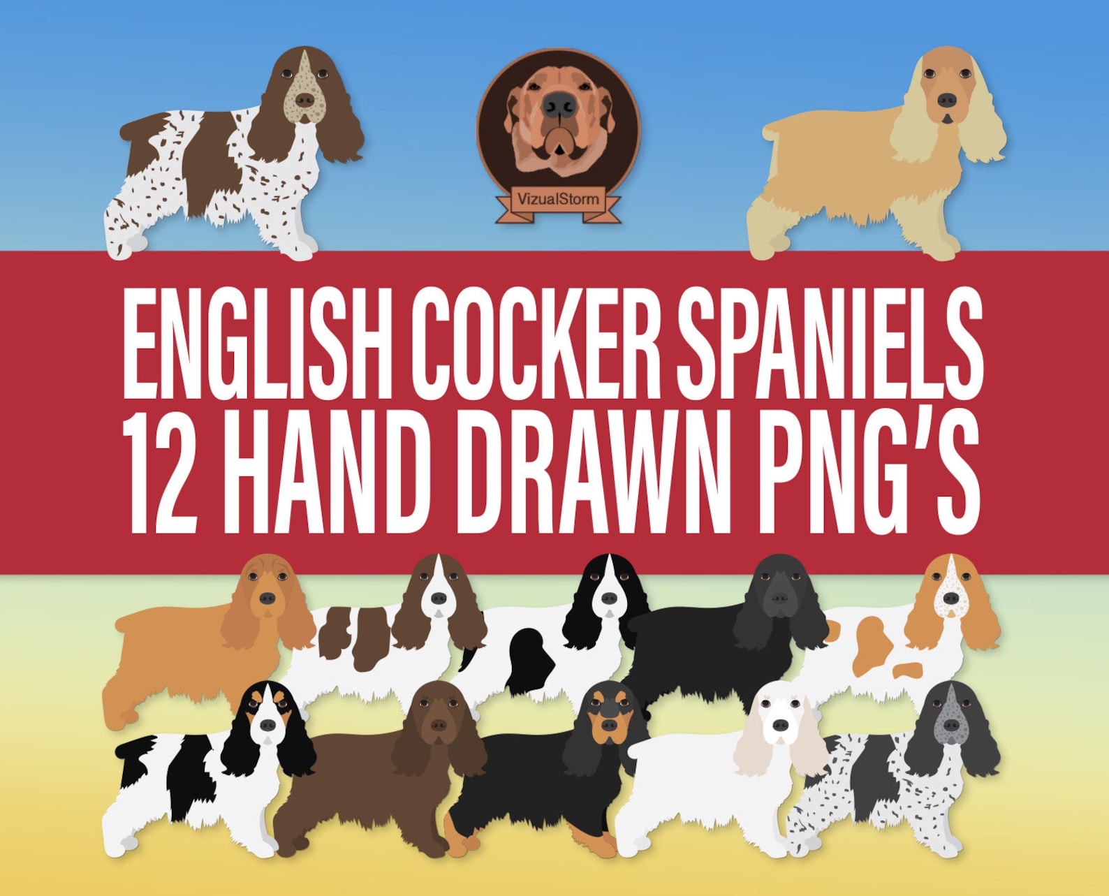 English Cocker Spaniel Dog Breeds Clipart Bundle - Hand Drawn Png Dog ...