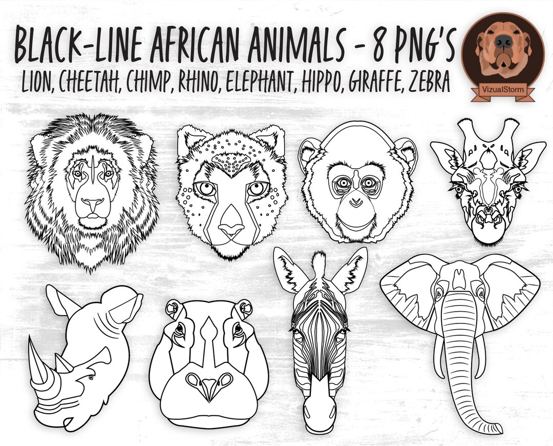 Black-line African Animal Faces Png Black and White Wildlife Head ...