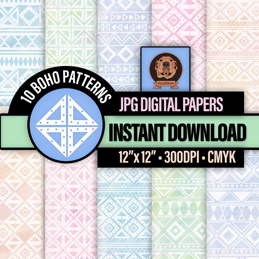 Pastel Boho Printable Digital Papers - Watercolor Patterns, Repeating ...