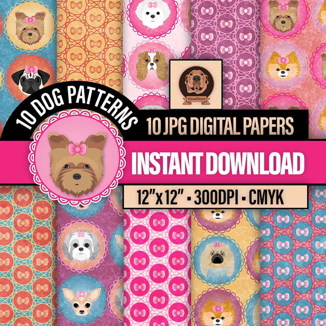 Cute Toy Dogs Wearing Bows Digital Paper Colorful Pet Scrapbooking ...