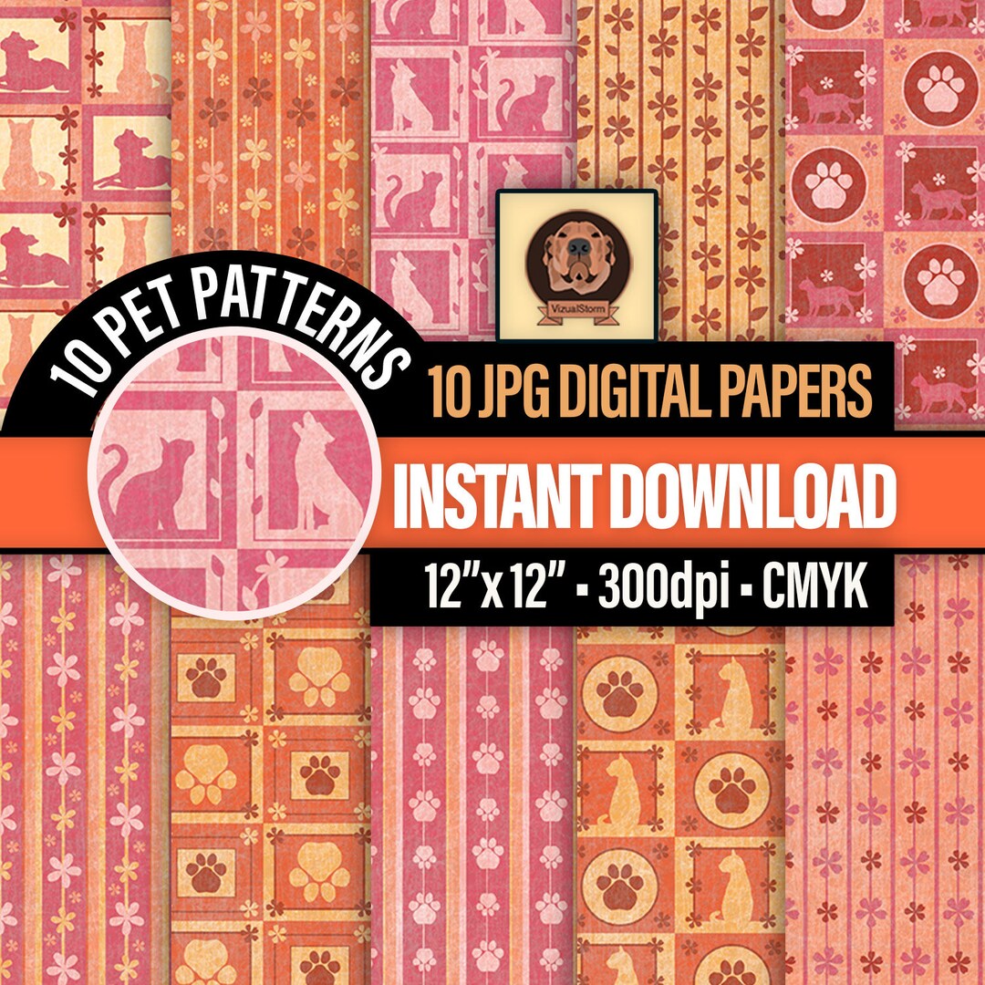 Floral Cats and Dogs Digital Papers, Paw Prints, Plant Vines, Kittens ...