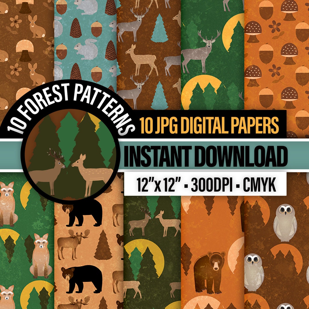 Woodland Animals Digital Papers - Forest at Night, Full Moon Woods ...