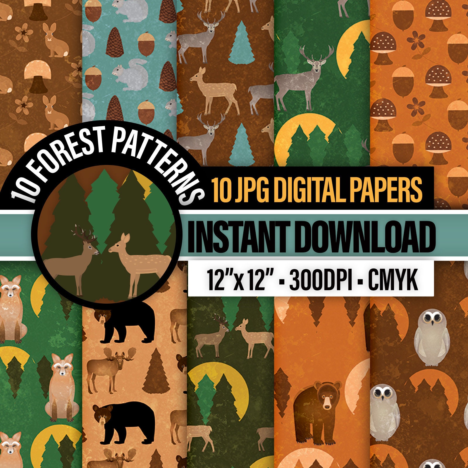 Woodland Animals Digital Papers - Forest at Night, Full Moon Woods ...